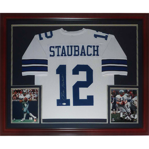 Roger Staubach Autographed Dallas Cowboys (White #12) Deluxe Framed Je ...